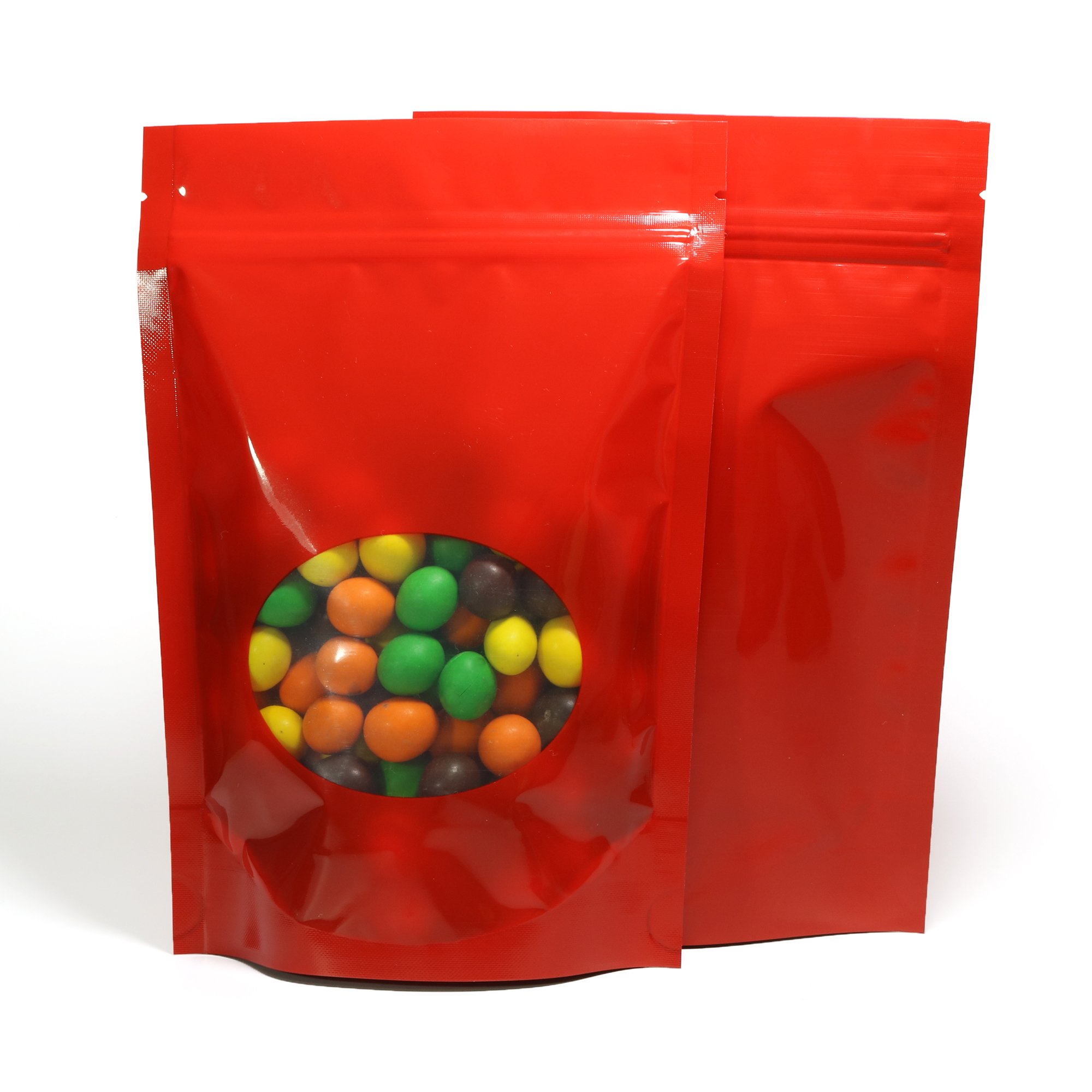 QQ Studio Pack of 100 Glossy Colored Mylar Foil Stand-Up Zip Seal Bags w/Clear Round Window (Glossy Red, 4.0 inches x 6.3 inches)