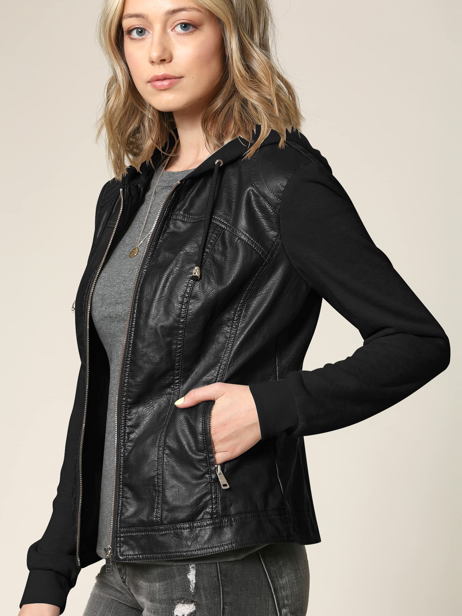 Lock and Love LL WJC1347 Womens Faux Leather Zip Up Moto Biker Jacket with Hoodie XL Black_Black