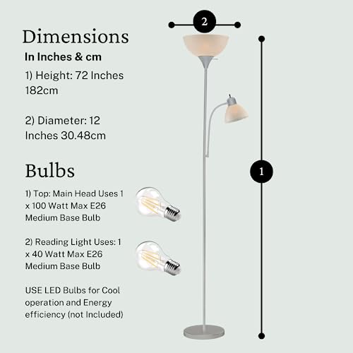 Adjustable Silver Floor Lamp with Reading Light By Light Accents - Susan Modern Standing Lamp For Living Room/Office Lamp 72" Tall - 150-watt With Side Reading Light Corner Lamp (Silver)