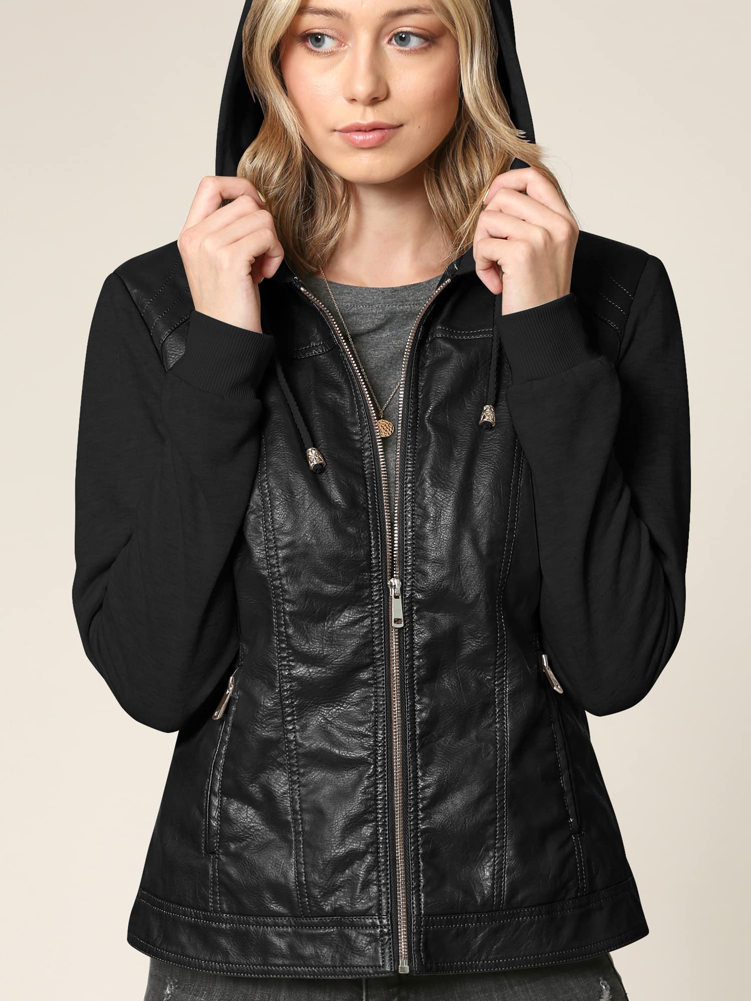Lock and Love LL WJC1347 Womens Faux Leather Zip Up Moto Biker Jacket with Hoodie XL Black_Black