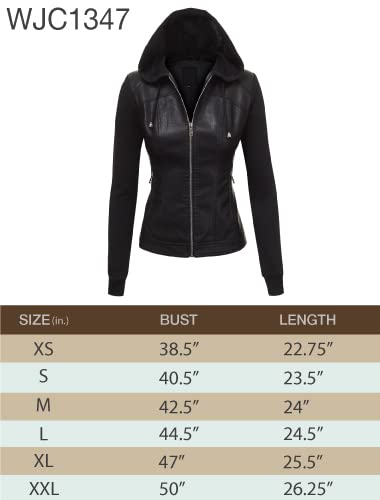 Lock and Love LL WJC1347 Womens Faux Leather Zip Up Moto Biker Jacket with Hoodie XL Black_Black