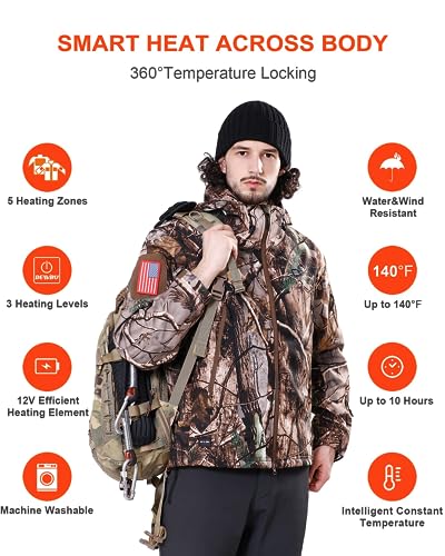 DEWBU Heated Jacket for Men with 12V Battery Pack Winter Outdoor Soft Shell Electric Heating Coat, Men's Tree, XL