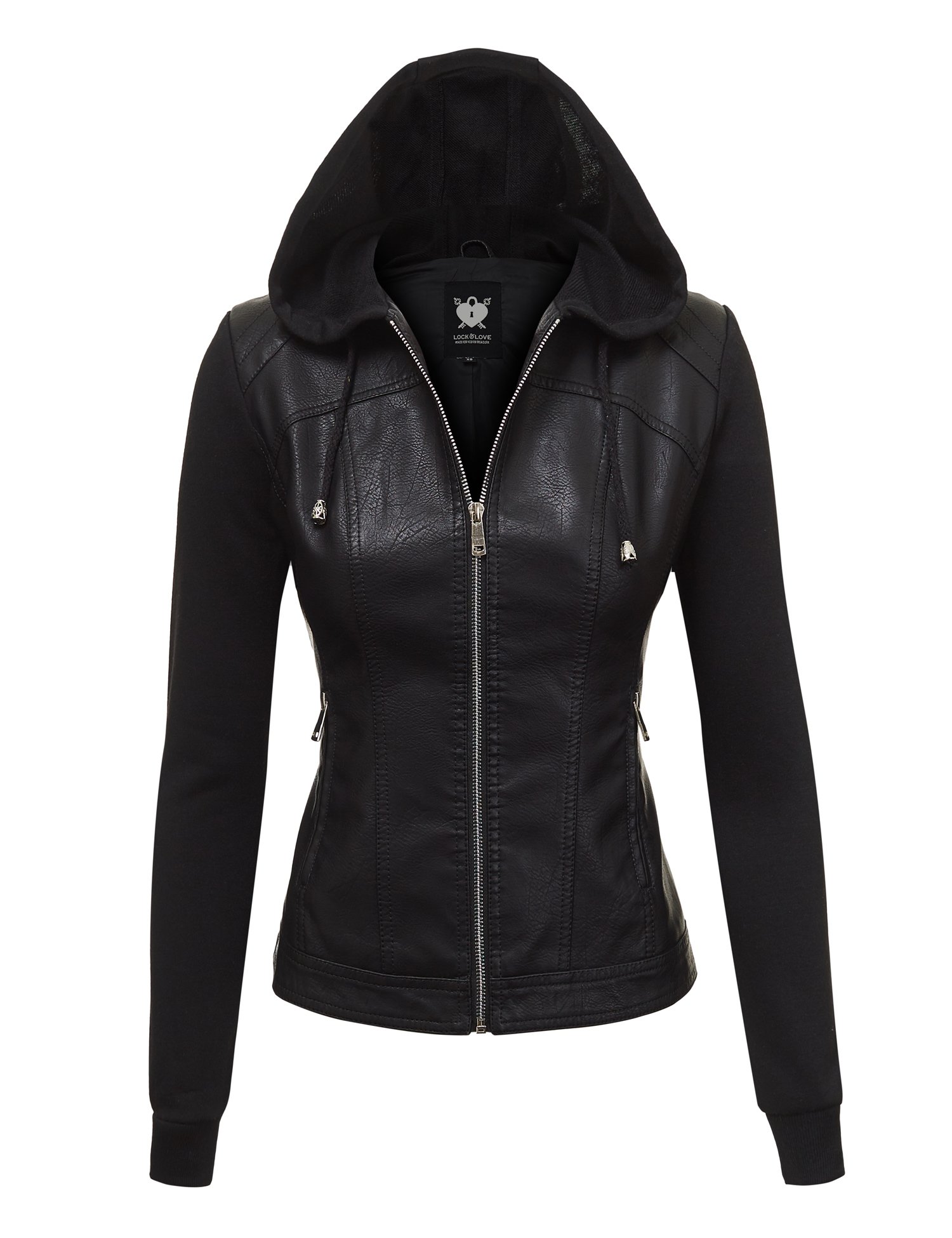 Lock and Love LL WJC1347 Womens Faux Leather Zip Up Moto Biker Jacket with Hoodie XL Black_Black
