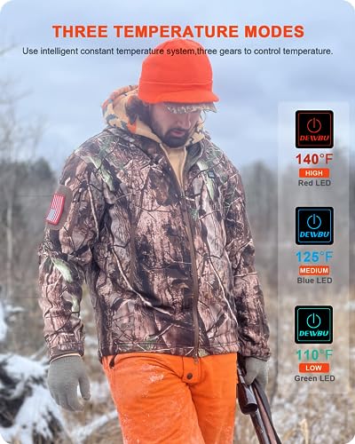 DEWBU Heated Jacket for Men with 12V Battery Pack Winter Outdoor Soft Shell Electric Heating Coat, Men's Tree, XL