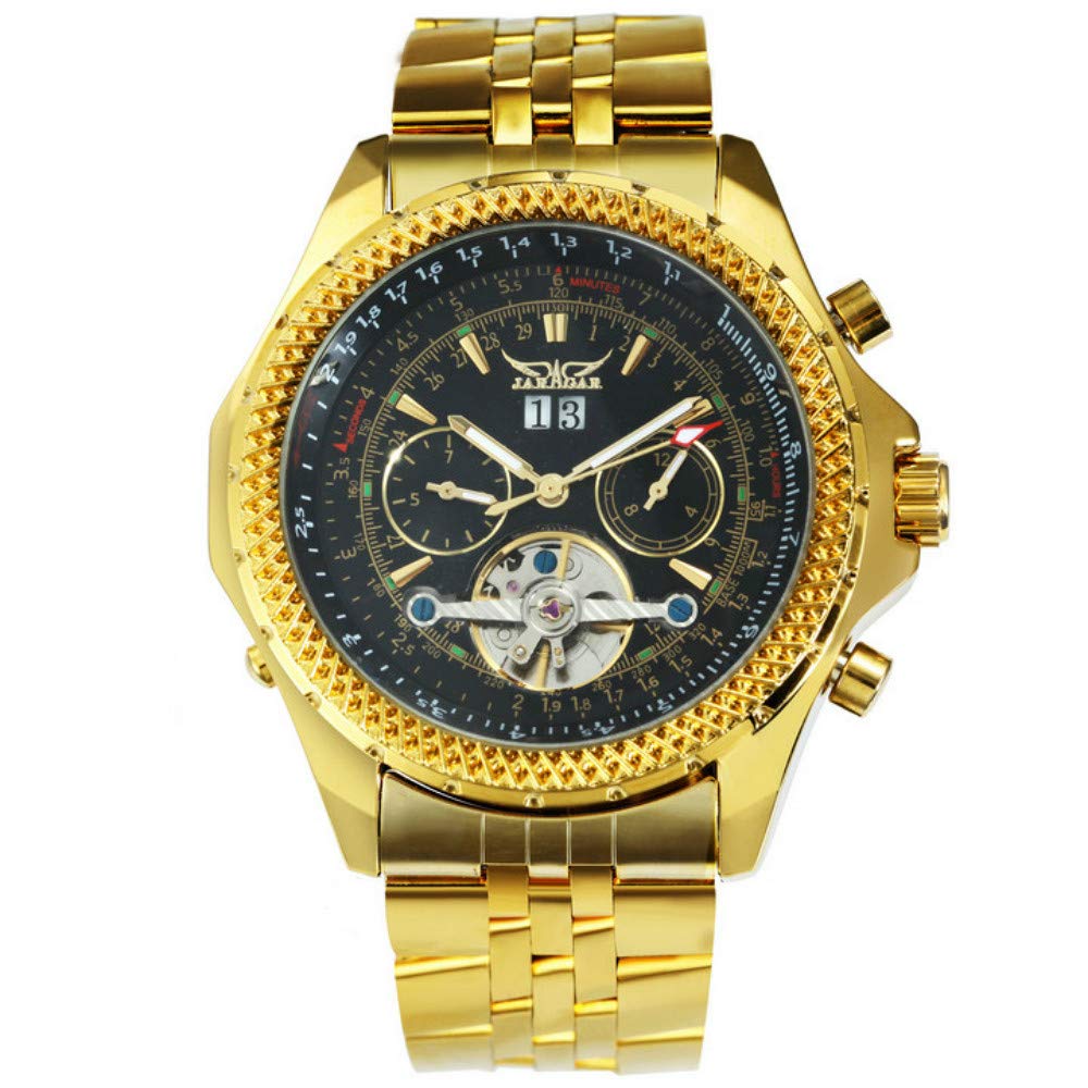 JARAGAR Golden Stainless Steel Tourbillion Design Calendar Display Mens Watches Brand Luxury Automatic Mechanical Wrist Watch