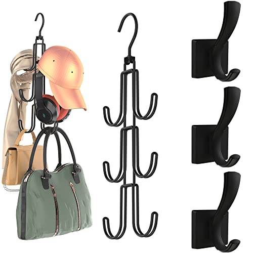 TOFIIGREM Black Coat Hooks 6-Pack + Rotatable Purse Handbag Hangers 2-Pack