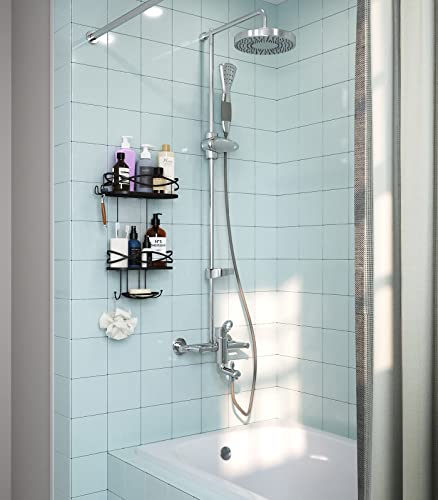 Bunoxea Anti-Swing Hanging Shower Caddy, Over Head Shower Caddy Extra-Large Rustproof with Hooks for Razors, Sponge and more, Metal Black