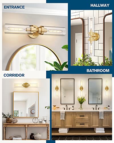 Emak Modern 22 Inch Gold Bathroom Light Fixtures Over Mirror, Cylinder Bathroom Vanity Lights for Mirror, 2-Light Wall Sconces with Clear Glass for Bathroom, Bedroom, Hallway, VL085-GD-2