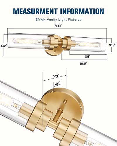 Emak Modern 22 Inch Gold Bathroom Light Fixtures Over Mirror, Cylinder Bathroom Vanity Lights for Mirror, 2-Light Wall Sconces with Clear Glass for Bathroom, Bedroom, Hallway, VL085-GD-2