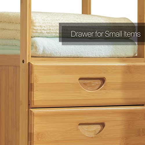 MoNiBloom Bamboo Freestanding Garment Rack with Drawers and Hooks, Tall Clothes Racks Clothing Storage Shelving Unit for Bedroom Laundry Room Guest Room, Natural