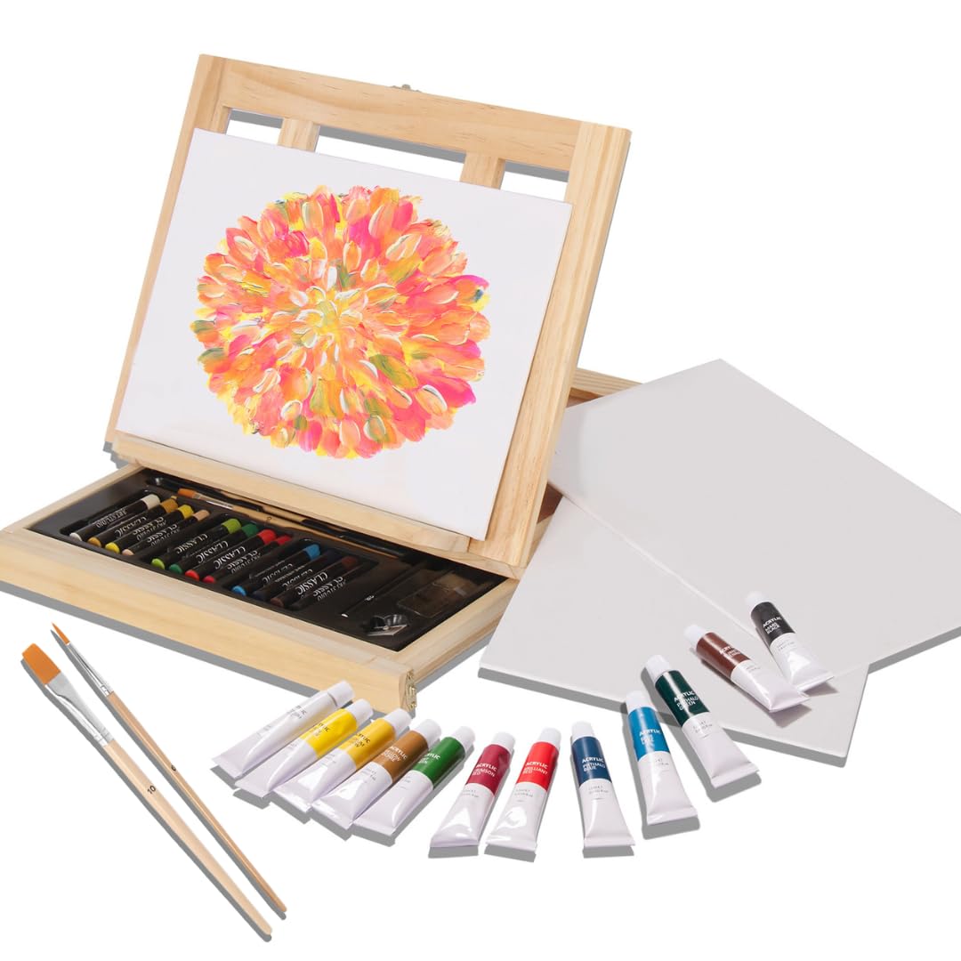 Mixed Media Art Set - 34 Piece, Easel Painting Kit with Wood Table Desk Top Easel Box Includes Acrylic Paints, 3 Canvas Boards, Pastels, Desktop Art Supplies Gift for Beginner Artists, Kids, Adults