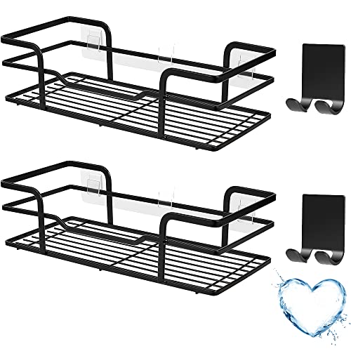 Shower Caddy Adhesive Basket Shelf Drill-Free Kitchen or Bathroom Organizer - Black Basket Shelves Hooks for Washroom Accessories Adhesive Stainless Steel Shampoo Holder, Kitchen Shelf Rack 2 Pck