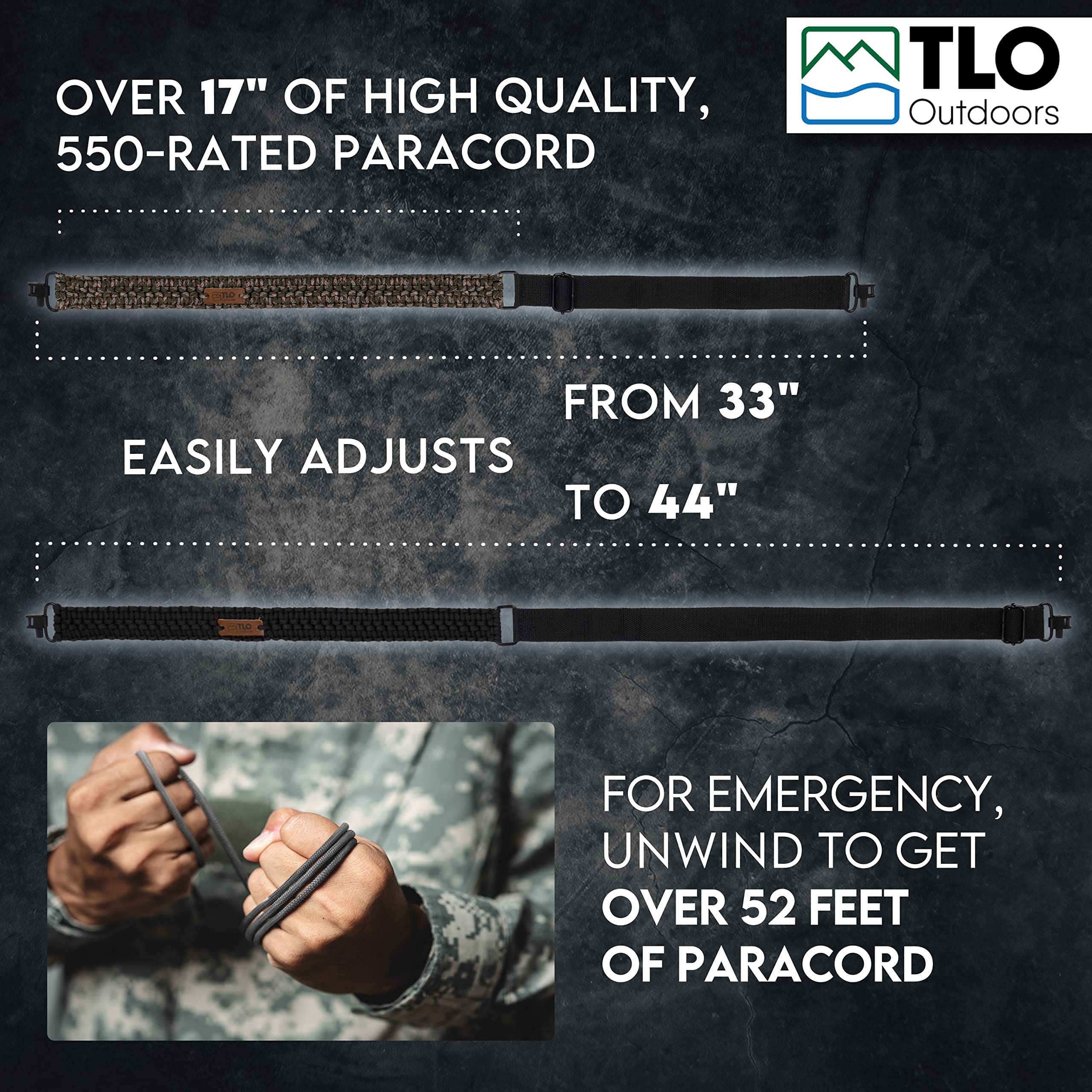 TLO Outdoors Paracord Gun Sling - Tactical 2-Point Rifle Sling, Extra Wide, Adjustable Strap with Swivels for Rifle, Shotgun, and Crossbow for Hunting, Shooting, Gun Safety (550 Rated Nylon)