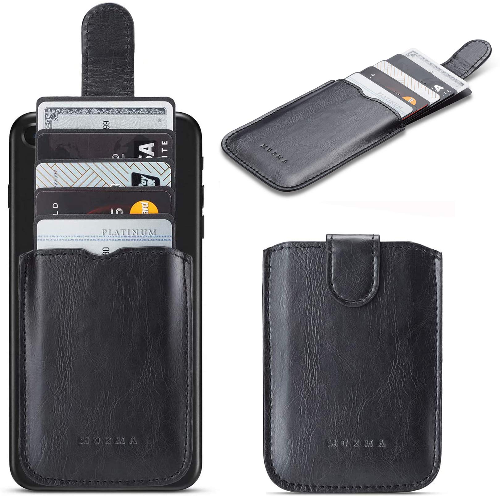 Phone Card Holder RFID Blocking Sleeve, Pu Leather Back Phone Wallet Stick-On Pull up 5 Card Holder Universally Pocket Covers Credit Cards Cash for iPhone/Android/Samsung/ Smartphones.Black (Black)