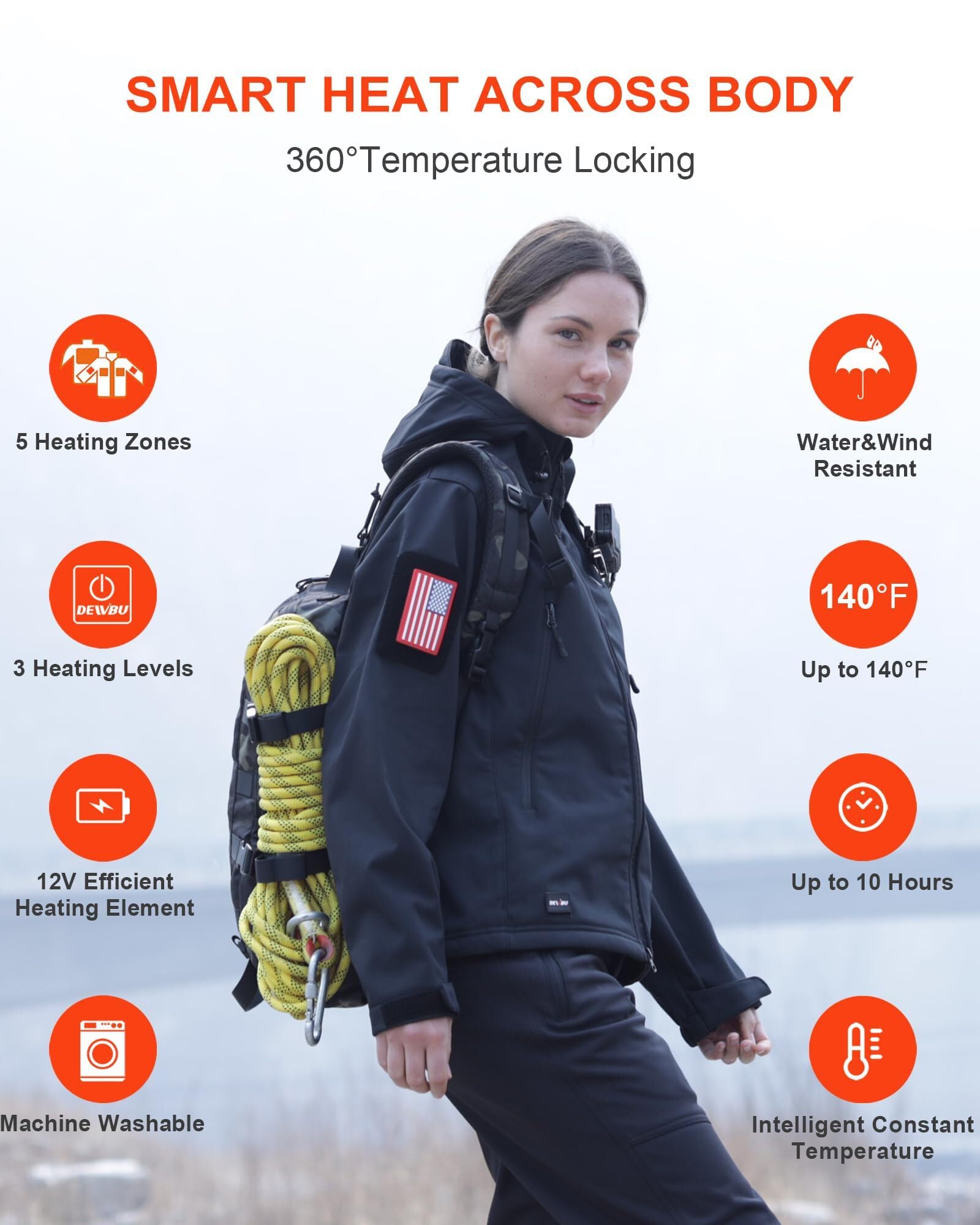 DEWBU Heated Jacket for Women with 12V Battery Pack Winter Outdoor Soft Shell Electric Heating Coat, Women's Black, M