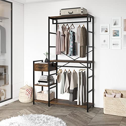 HAGAZU Standing Closet Clothing Rack, Open Wardrobe,Metal Closet Organizer System with Shelves and Hooks for Bedroom, Laundry, Walk-in Closet