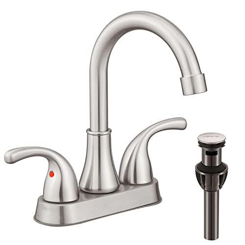 Bathroom Sink Faucet FRANSITON 4 Inch Faucet 2 Handle Bathroom Sink Faucet Lead-Free Brushed Nickel Bath Sink Faucet with Pop-up Drain Stopper and Supply Hoses