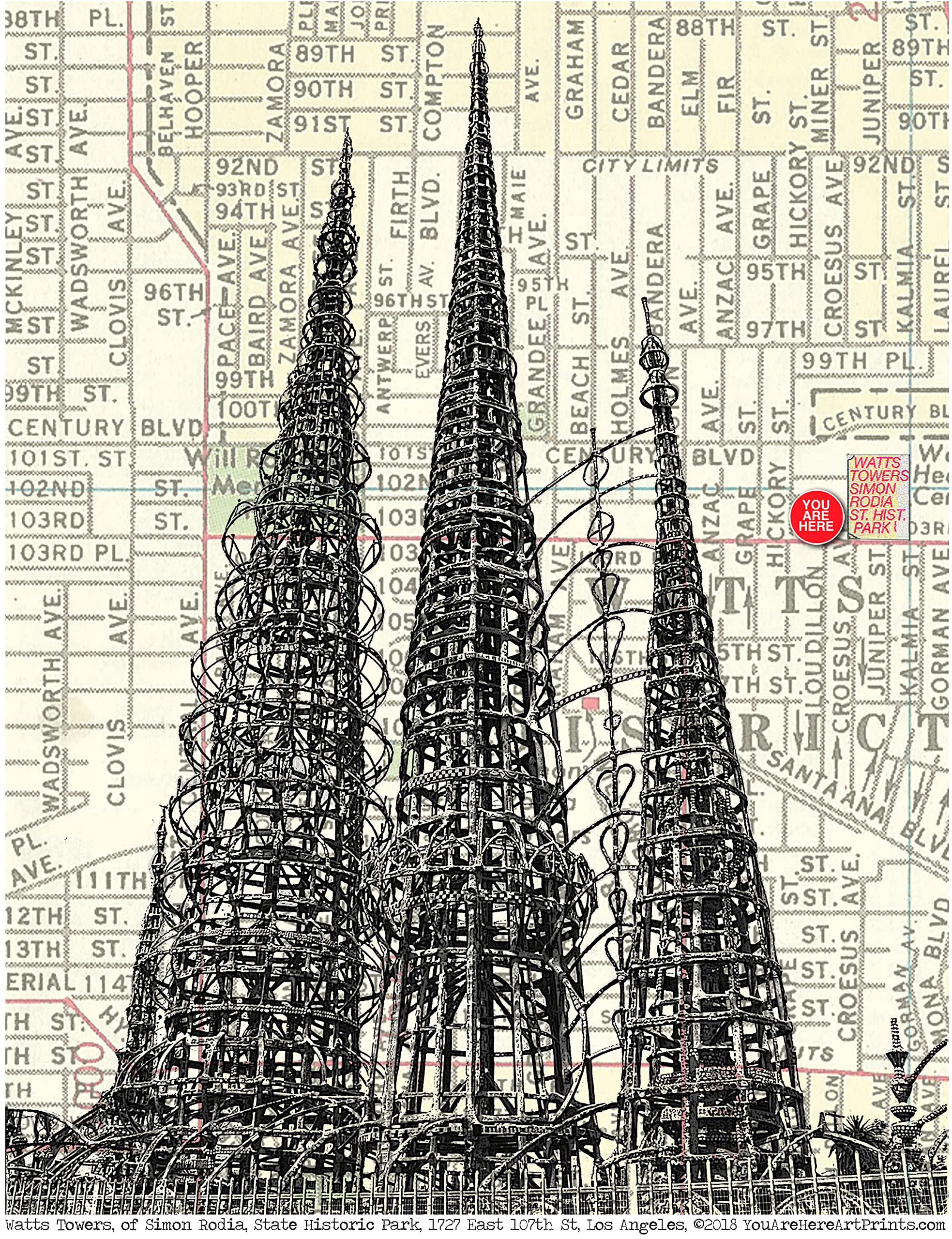 Los Angeles Watts Towers State Historic Park Tribute to Simon Rodia Art Print. You Are Here. Gallery Quality. Matted at 11 inches x 14 inches and Ready to Frame.