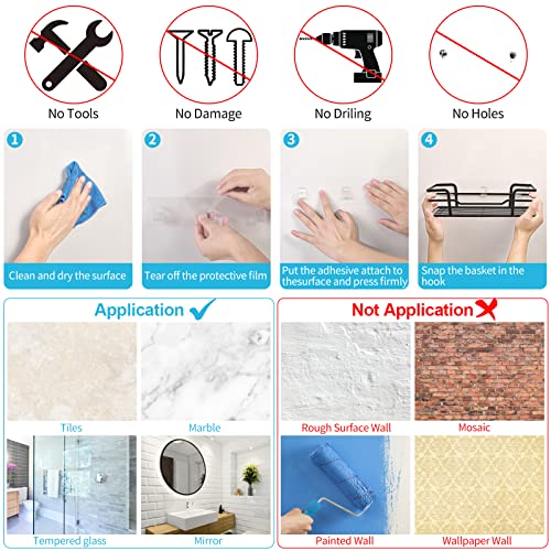 Shower Caddy Adhesive Basket Shelf Drill-Free Kitchen or Bathroom Organizer - Black Basket Shelves Hooks for Washroom Accessories Adhesive Stainless Steel Shampoo Holder, Kitchen Shelf Rack 2 Pck