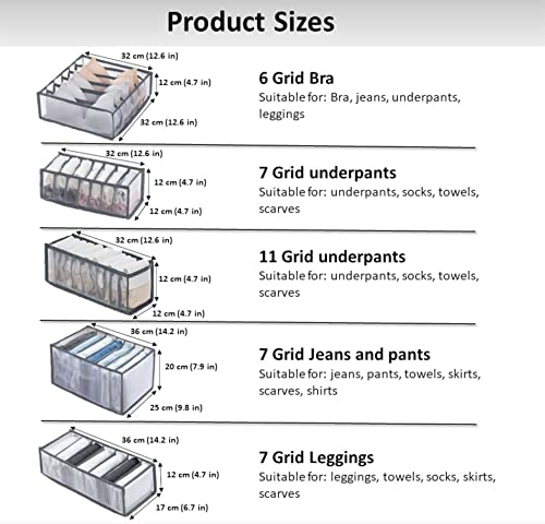 Fitster Wardrobe Clothes Organizer- 5 pieces 7 to 11 Grids- socks, Bra, Pants, Shirts, and Legging organizers (Gray)