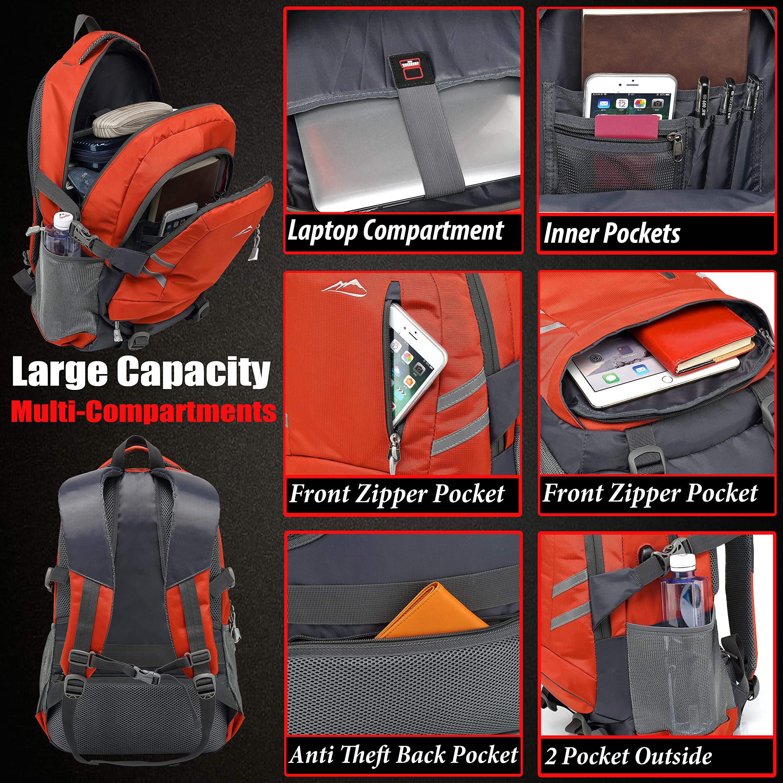 Backpack Bookbag for College Laptop Travel, Fit Laptop Up to 15.6 inch Multi Compartment with USB Charging Port Anti theft, Gift for Men Women (Orange)