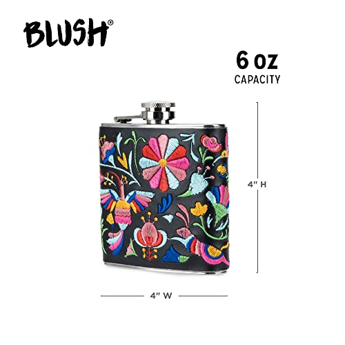 Blush Black Floral Embroidered Flask - Pocket Leather Flask Purse for Women, Whiskey Drinking Flasks, Small Thin Metal Stainless Steel Flasks for Liquor for Women, Wine Accessories - 6 oz, Black