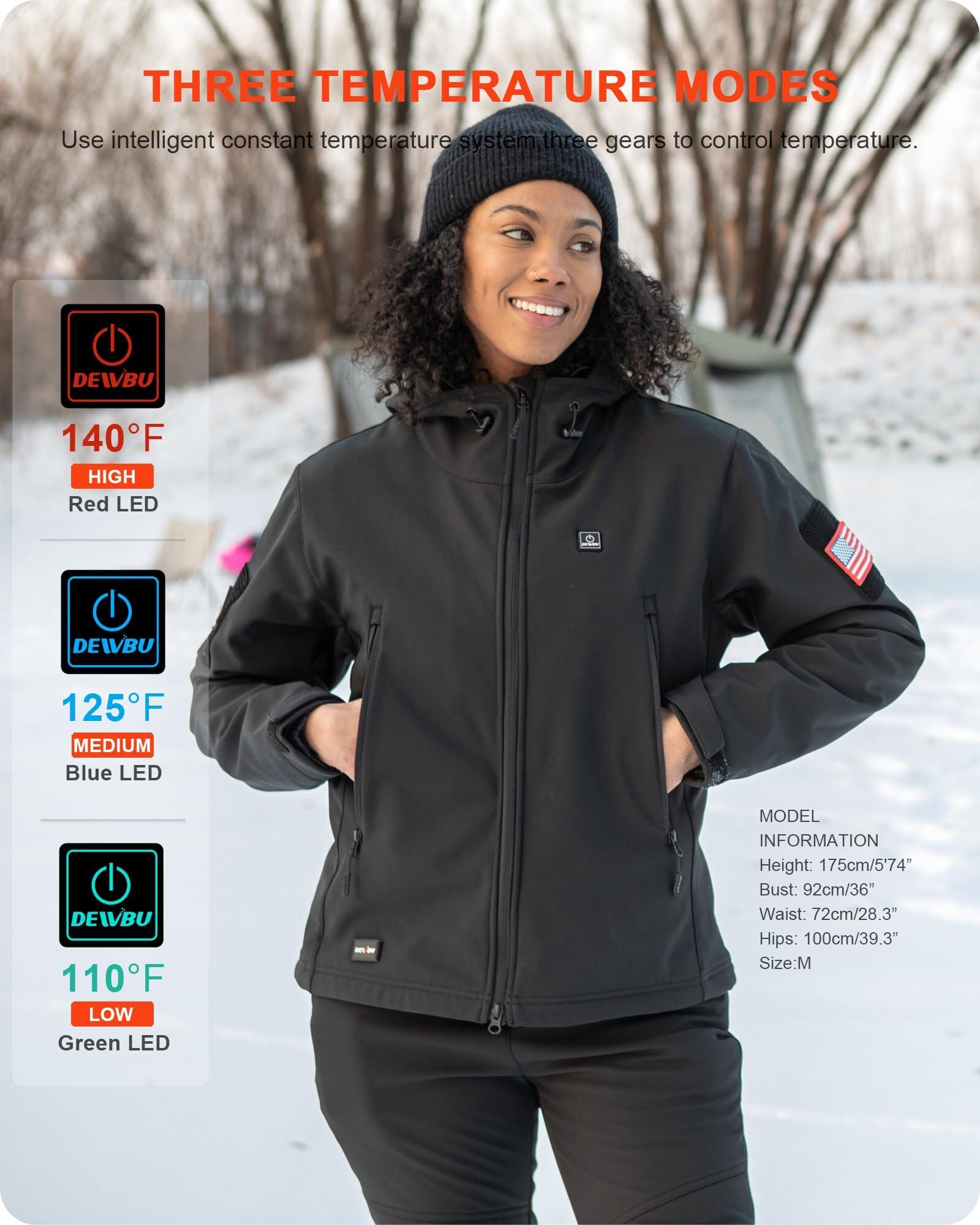 DEWBU Heated Jacket for Women with 12V Battery Pack Winter Outdoor Soft Shell Electric Heating Coat, Women's Black, M