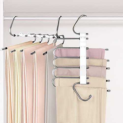 2 Pack Multifunctional Pants Rack, 5 Layers Space Saving Pants Hangers Stainless Steel Clothes Jeans Hangers Clothes Hangers for Pants Jeans Trousers Skirts Scarf