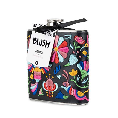 Blush Black Floral Embroidered Flask - Pocket Leather Flask Purse for Women, Whiskey Drinking Flasks, Small Thin Metal Stainless Steel Flasks for Liquor for Women, Wine Accessories - 6 oz, Black