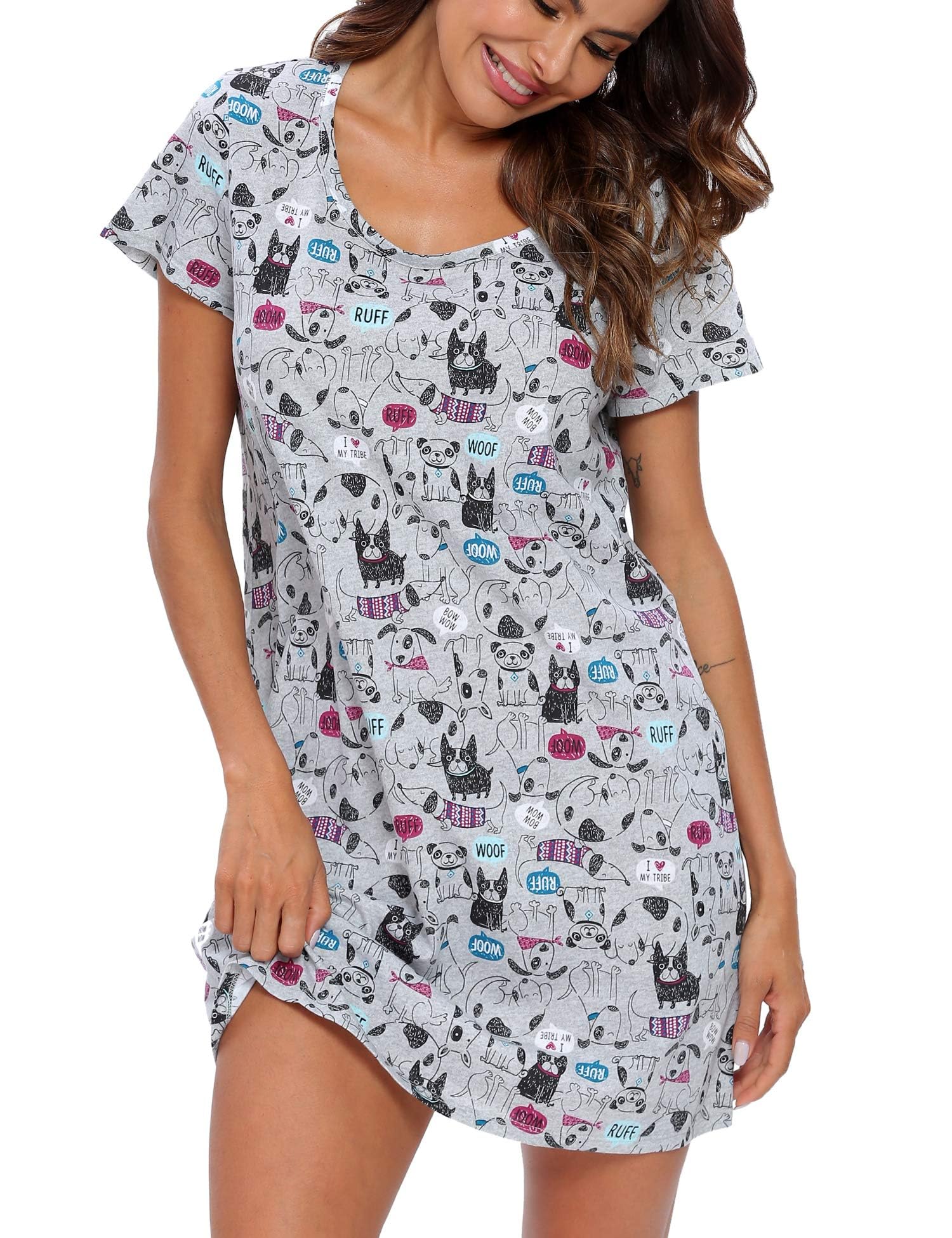 ENJOYNIGHT Womens Nightgowns Cotton Sleepwear Plus Size Sleep Shirts Short Sleeves Nightshirt Print Sleepshirt (X-Large, GR Dog)