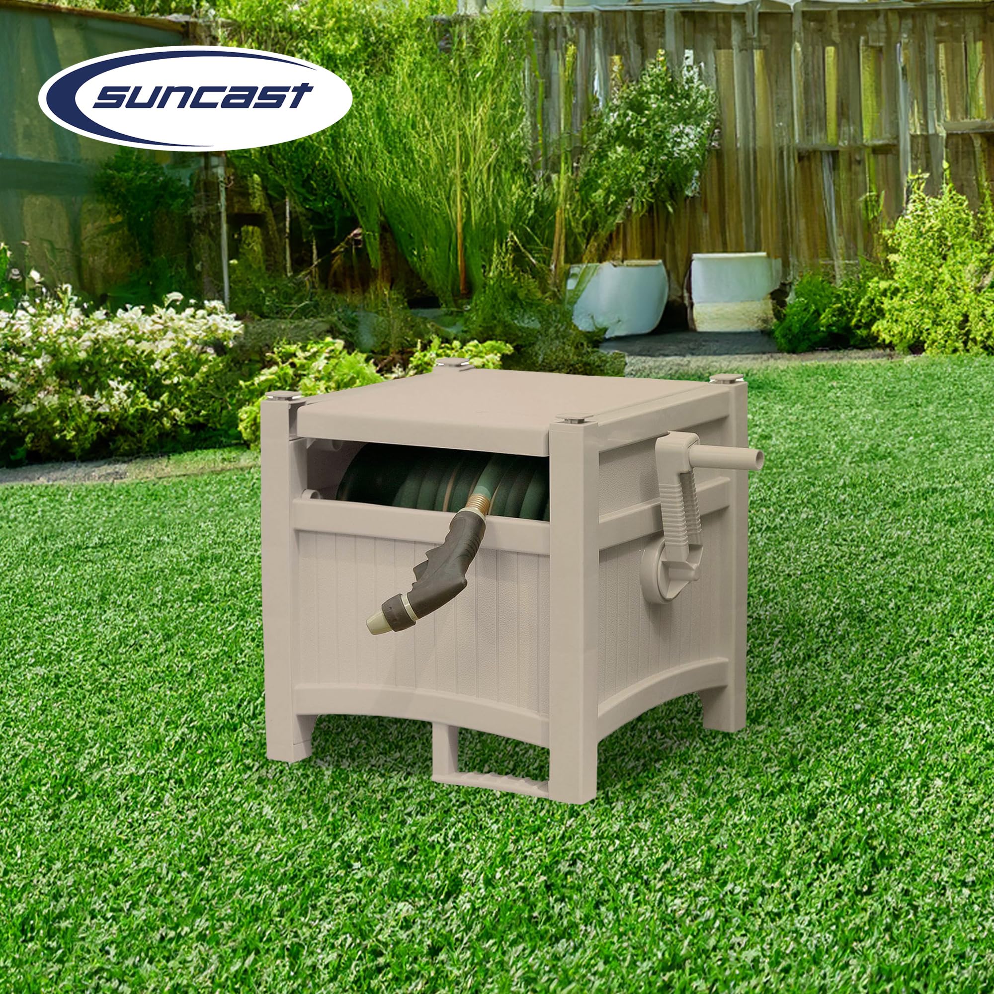 Suncast 100 Foot Capacity Hideaway Garden Hose Reel for 1.9 inches Hose Outdoor Storage with Stay Up Lid and Crank Handle, Taupe 2 Pack