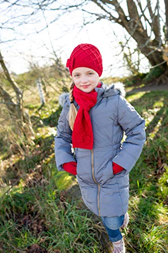 Kids Criss Cross Knit Winter Hat with Bow, Scarf and Glove Set Red for Girls