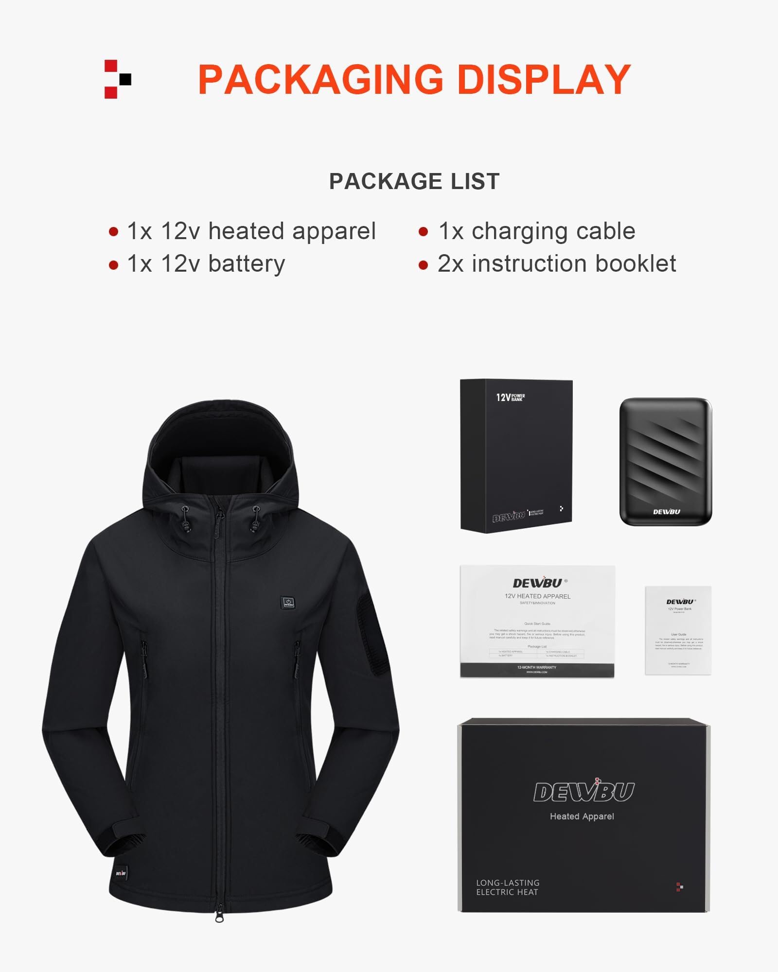 DEWBU Heated Jacket for Women with 12V Battery Pack Winter Outdoor Soft Shell Electric Heating Coat, Women's Black, M
