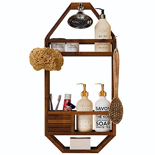 TeakCraft Teak Shower Caddy, Shower Organizer For Bathroom, Non Slip, Indoor and Outdoor, Hanging Shower Organizer, Showerhead, 3 Shelf, The Thoren