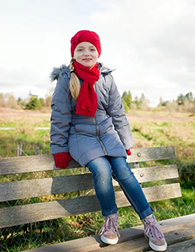 Kids Criss Cross Knit Winter Hat with Bow, Scarf and Glove Set Red for Girls