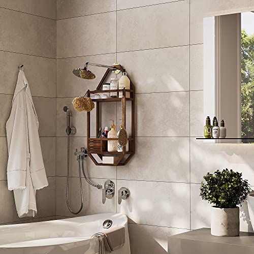 TeakCraft Teak Shower Caddy, Shower Organizer For Bathroom, Non Slip, Indoor and Outdoor, Hanging Shower Organizer, Showerhead, 3 Shelf, The Thoren