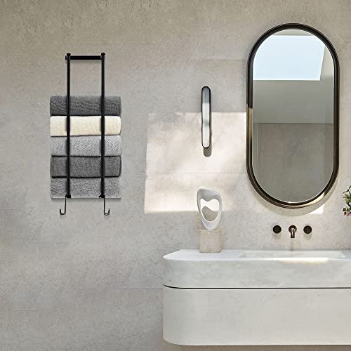 MallKing Wall Towel Rack, Bathroom Wall Mounted for Rolled Towels, Metal Towel Holder for Folded Large Towel Washcloths, Bath Towel Storage with 4 Hooks (Matte Black)