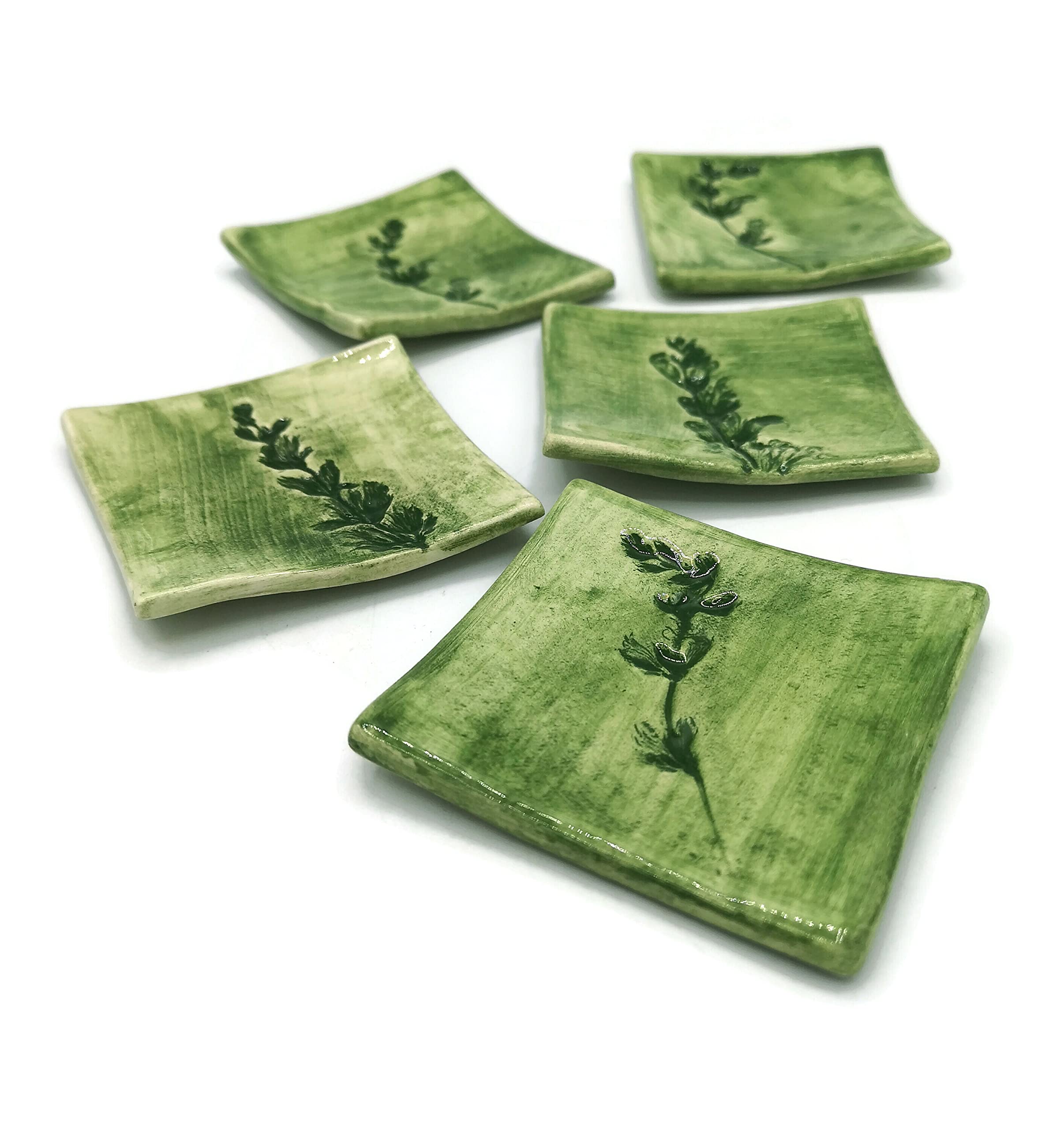 Clay Ring Dish, Small Square Handmade Ceramic Trinket Dish, Small Tealight Candle Holder, Teabag Holder (Sage Flower)