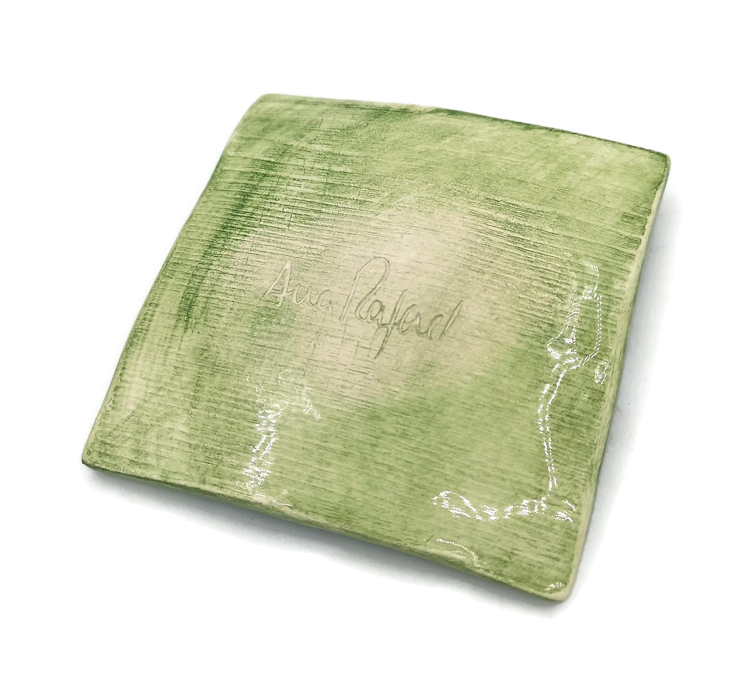 Clay Ring Dish, Small Square Handmade Ceramic Trinket Dish, Small Tealight Candle Holder, Teabag Holder (Sage Flower)