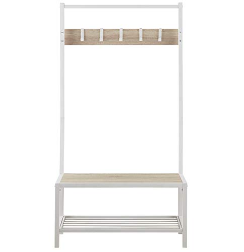 HOMISSUE Modern Style 2 Shelf Hall Tree with Storage Bench, Light Oak Bench and Lower Shelf with White Steel Frame, Entryway Shoe Rack with 5 Hooks for Garments