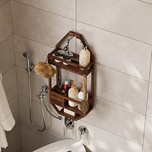 TeakCraft Teak Shower Caddy, Shower Organizer For Bathroom, Non Slip, Indoor and Outdoor, Hanging Shower Organizer, Showerhead, 3 Shelf, The Thoren