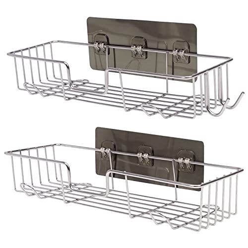 Casaphoria Shower Caddy, Adhesive Shower Organizer with 6 Hooks, Shower Shelf for Inside Shower No Drilling - Rustproof Stainless Steel Shower Rack Wall Mounted, 2 Pack(White Silver)