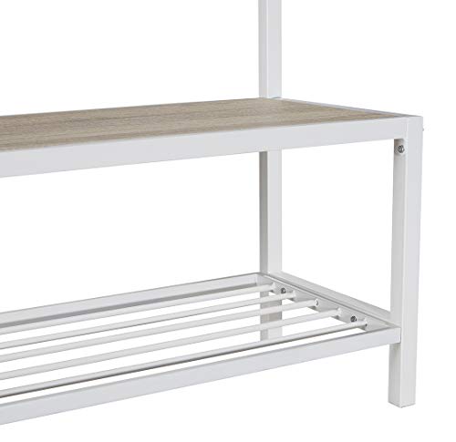 HOMISSUE Modern Style 2 Shelf Hall Tree with Storage Bench, Light Oak Bench and Lower Shelf with White Steel Frame, Entryway Shoe Rack with 5 Hooks for Garments