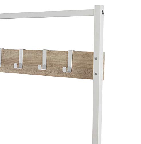 HOMISSUE Modern Style 2 Shelf Hall Tree with Storage Bench, Light Oak Bench and Lower Shelf with White Steel Frame, Entryway Shoe Rack with 5 Hooks for Garments