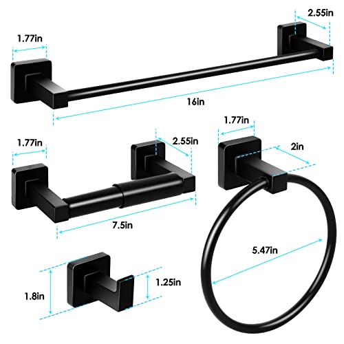 4-PCS Bathroom Hardware Set, Matte Black Bathroom Hardware Set, 16IN Towel Bar Set 304 Stainless Steel, Towel Rack Set Wall Mounted, Hand Towel Bars, Toilet Paper Holder, Towel Ring, Robe Towel Hook