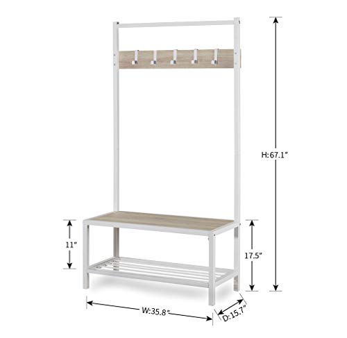 HOMISSUE Modern Style 2 Shelf Hall Tree with Storage Bench, Light Oak Bench and Lower Shelf with White Steel Frame, Entryway Shoe Rack with 5 Hooks for Garments