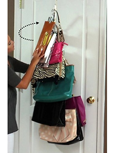 2-Pk Over Door Hanging Purse Storage - DURABLE, Holds 50 POUNDS, ROTATES 360 for easy access; Purses, Handbags, Satchels, Crossovers, Backpacks,12 Hooks, Chrome (Set of 2)
