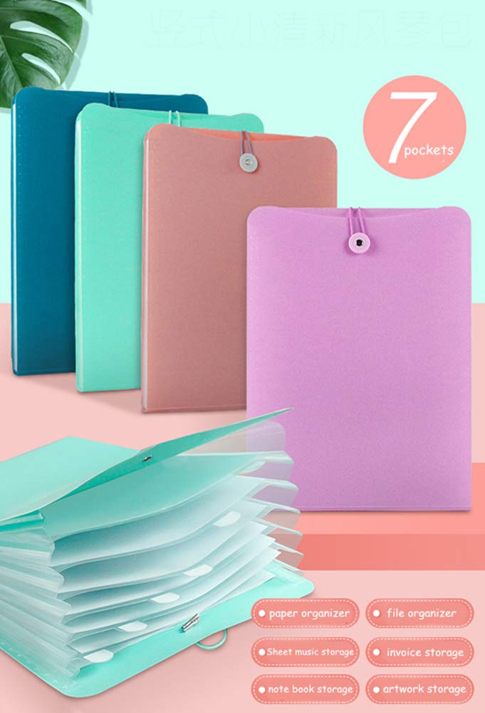 Snow Abonci Vertical Expanding Accordion Folder with 7 Pockets Paperwork Organizer Document Wallet Briefcase Business File Organizer Bag A4 Letter Size Elastic Rope Closure Pink