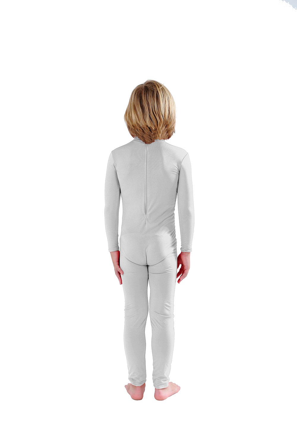 Full Bodysuit Kids Dancewear Without Gloves and Socks Solid Color Spandex Zentai Child Unitard (L, White)