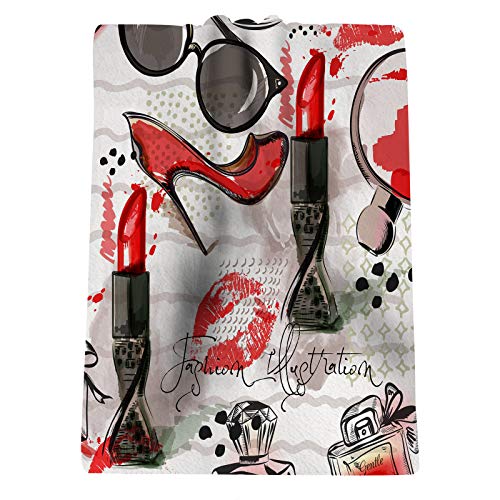 Beabes Makeup Hand Towel for Bathroom Red Lipstick Shoes Glasses Perfume Glamour Female Face Spa Yoga Towel 15 X 30 Inch